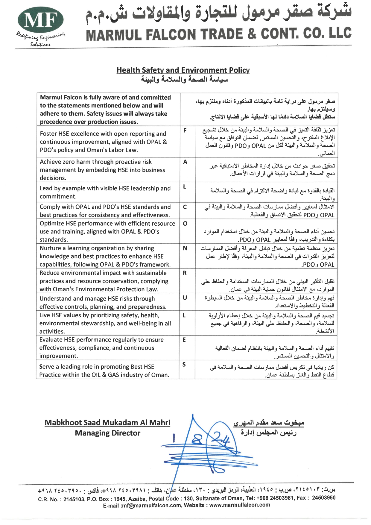 QHSE – MARMUL FALCON TRADE & CONT.CO.LLC